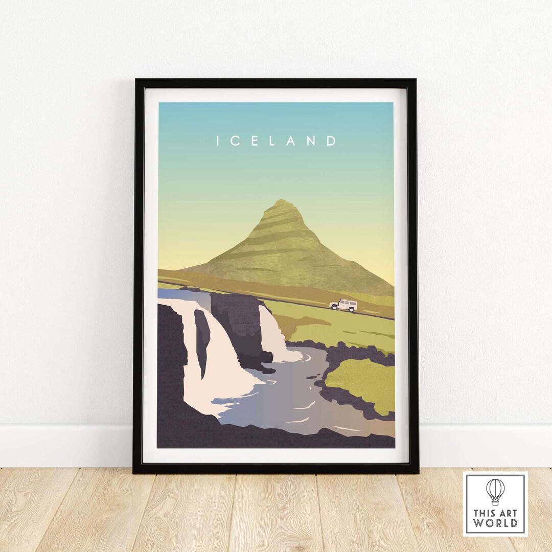 Iceland Print Travel Poster Reykjavík Iceland Wall Art Mount Kirkjufell ...