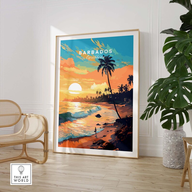 Sunset Beach Poster: Colorful Barbados Travel Art - Framed or Unframed ...