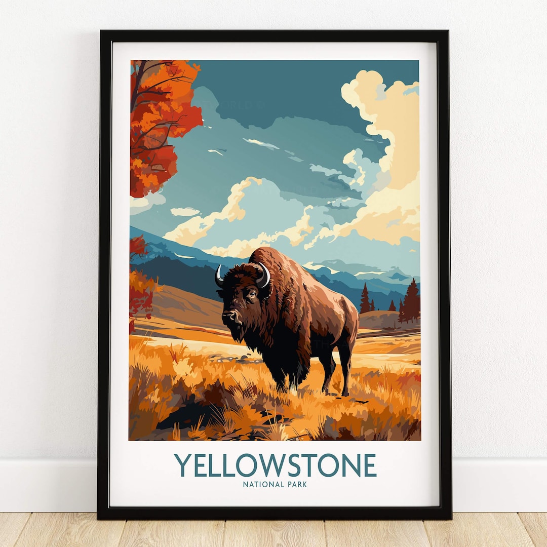 Yellowstone Travel Poster - Vintage Bison Nature Print - Etsy