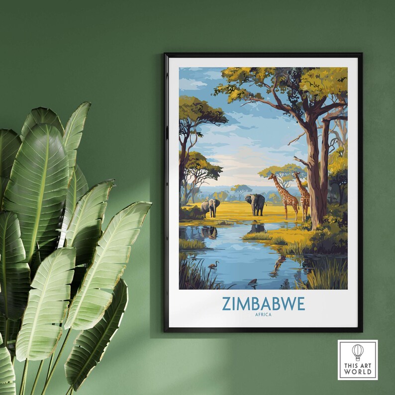 Zimbabwe Safari Poster, African Wildlife Wall Art, Giraffe Decor ...