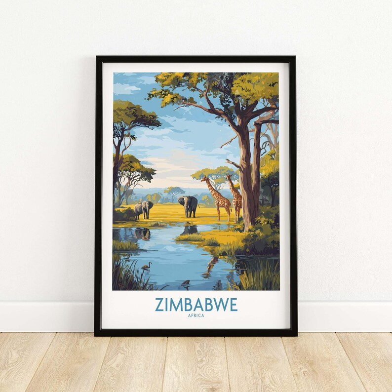 Zimbabwe Safari Poster, African Wildlife Wall Art, Giraffe Decor ...