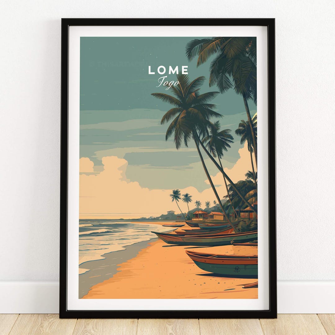 Lomé Togo Travel Poster, Sunset Shoreline, Fishing Boats (framed or ...