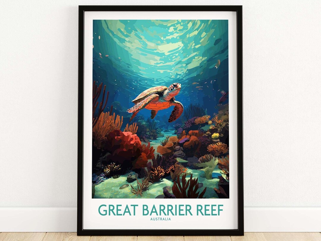 Great Barrier Reef Wall Art With Turtle | Travel Poster Art | Home ...