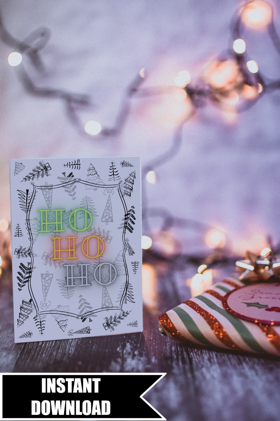 Printable Holiday Greeting Card With Christmas Trees and a Neon Text HO ...