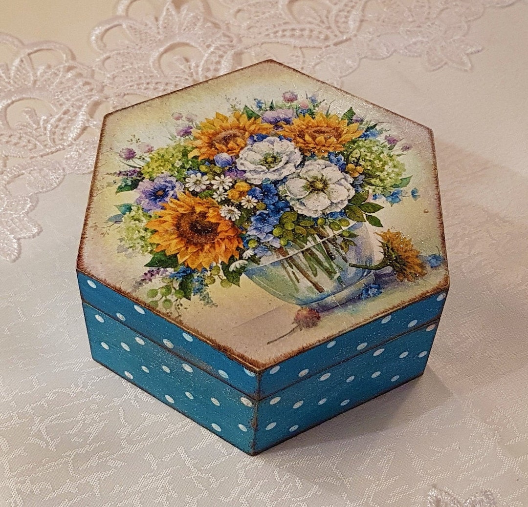 Vintage Wooden Box in Honeycomb Shape, Decoupage, Gift Box, Chocolate ...