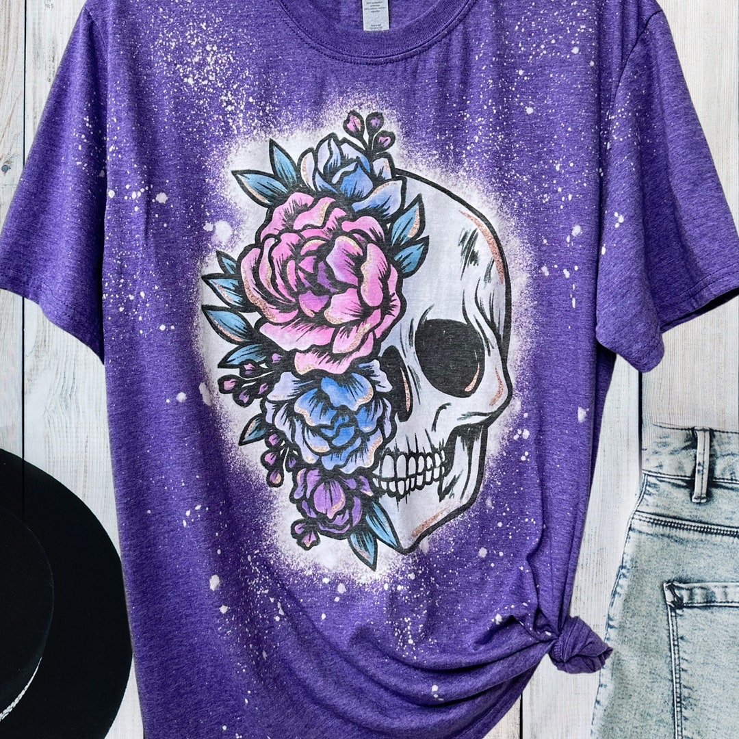 Floral Skull Bleached T Shirt, Skeleton Fall Bleach Shirt, Purple ...
