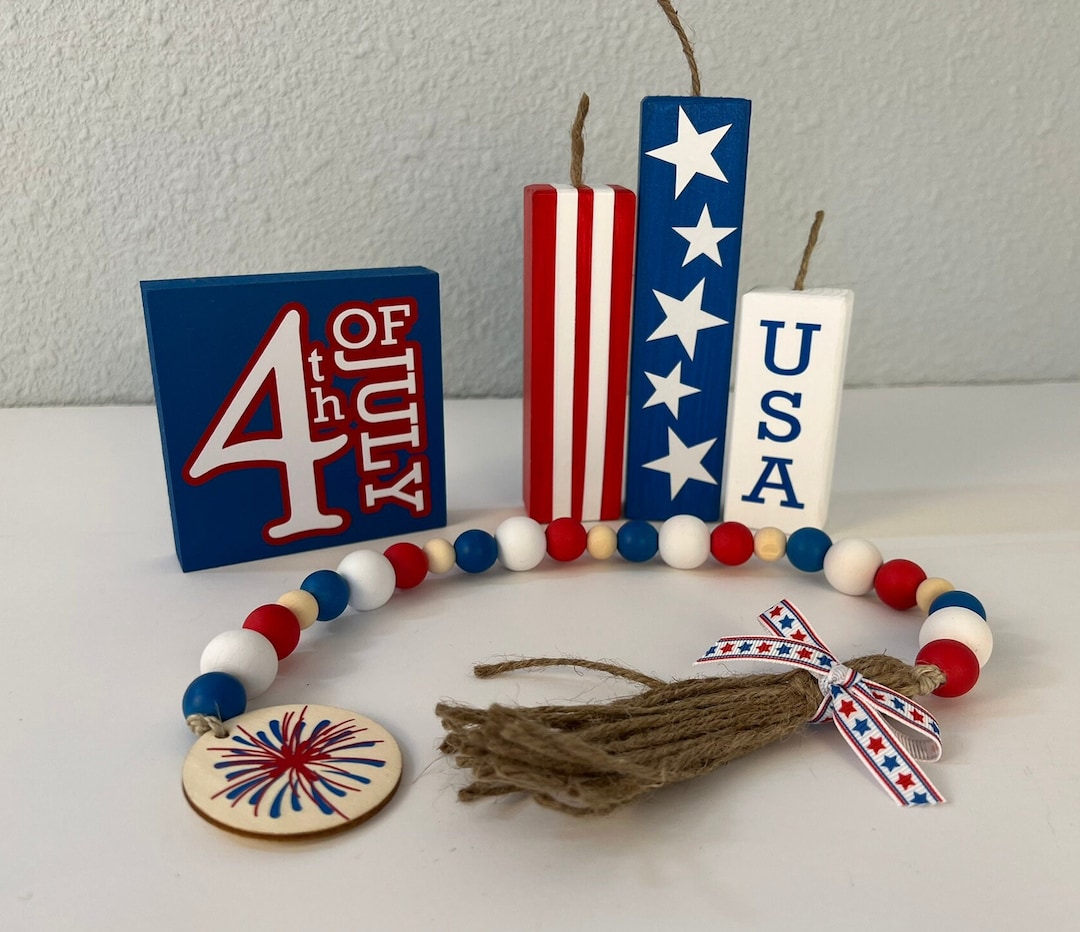 Patriotic Tiered Tray Decor: 4th of July Firecracker Blocks & Garland ...