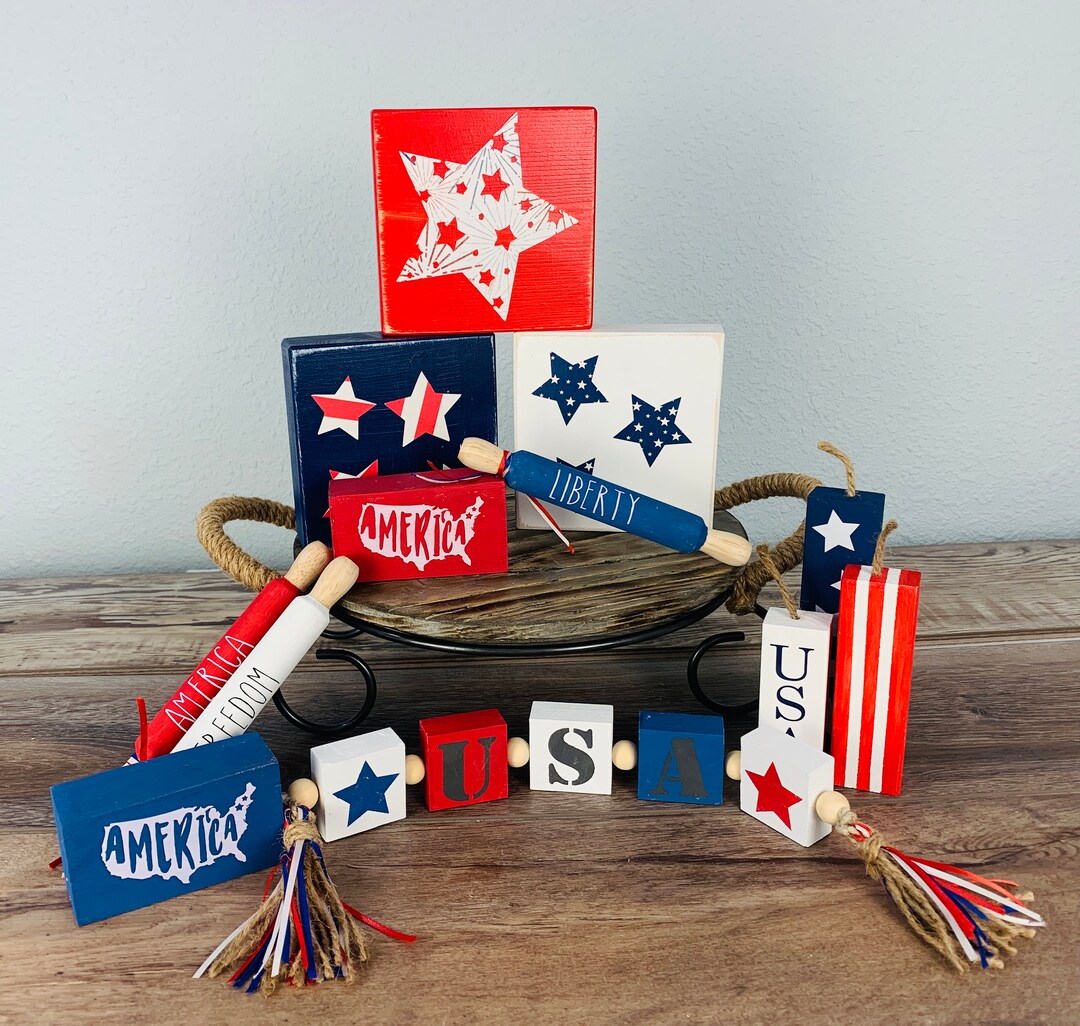Patriotic Tier Tray Bundle, Red White and Blue Farmhouse Tier Tray, 4th ...