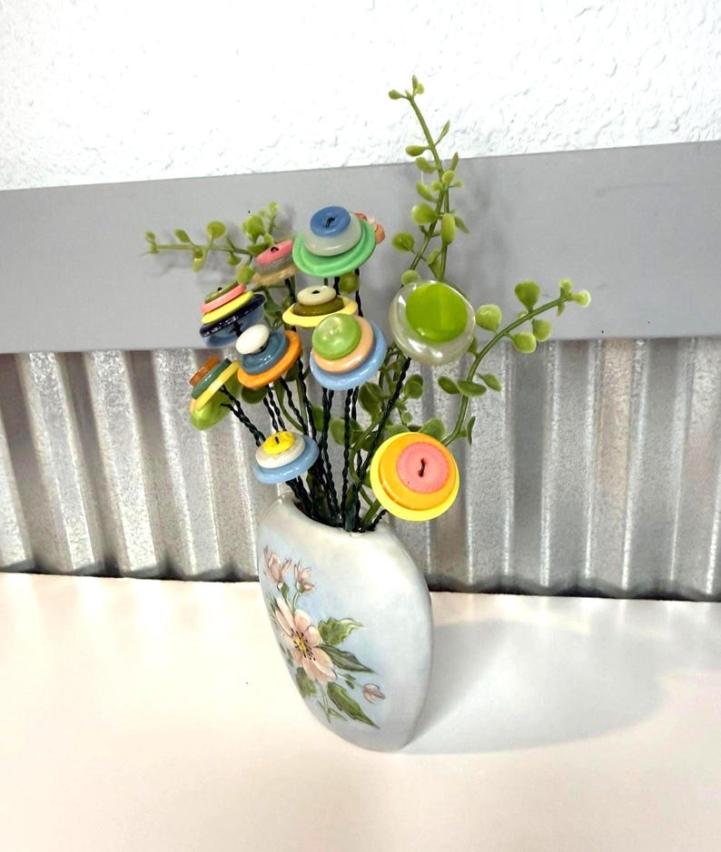 Button Flower Bouquet in Unique Ceramic Vase: Handmade Spring/summer ...