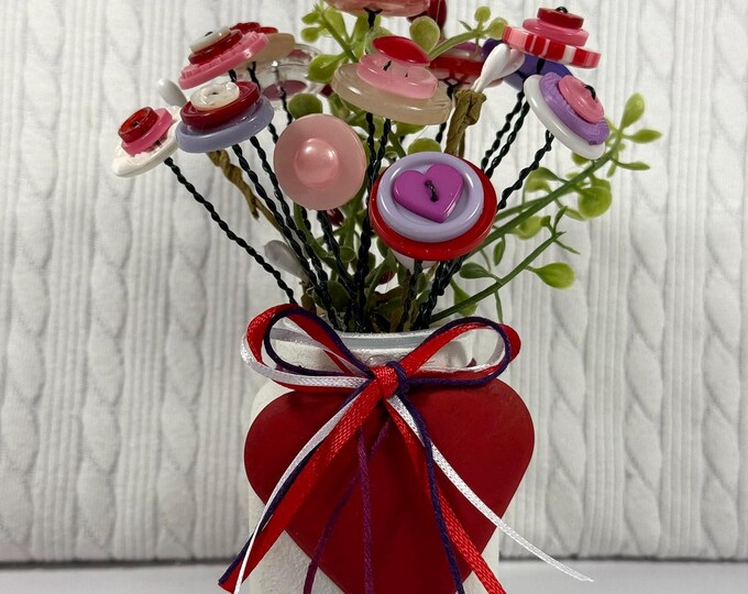 Red Button Flower Bouquet in White Ceramic Vase: Handmade Valentine's ...