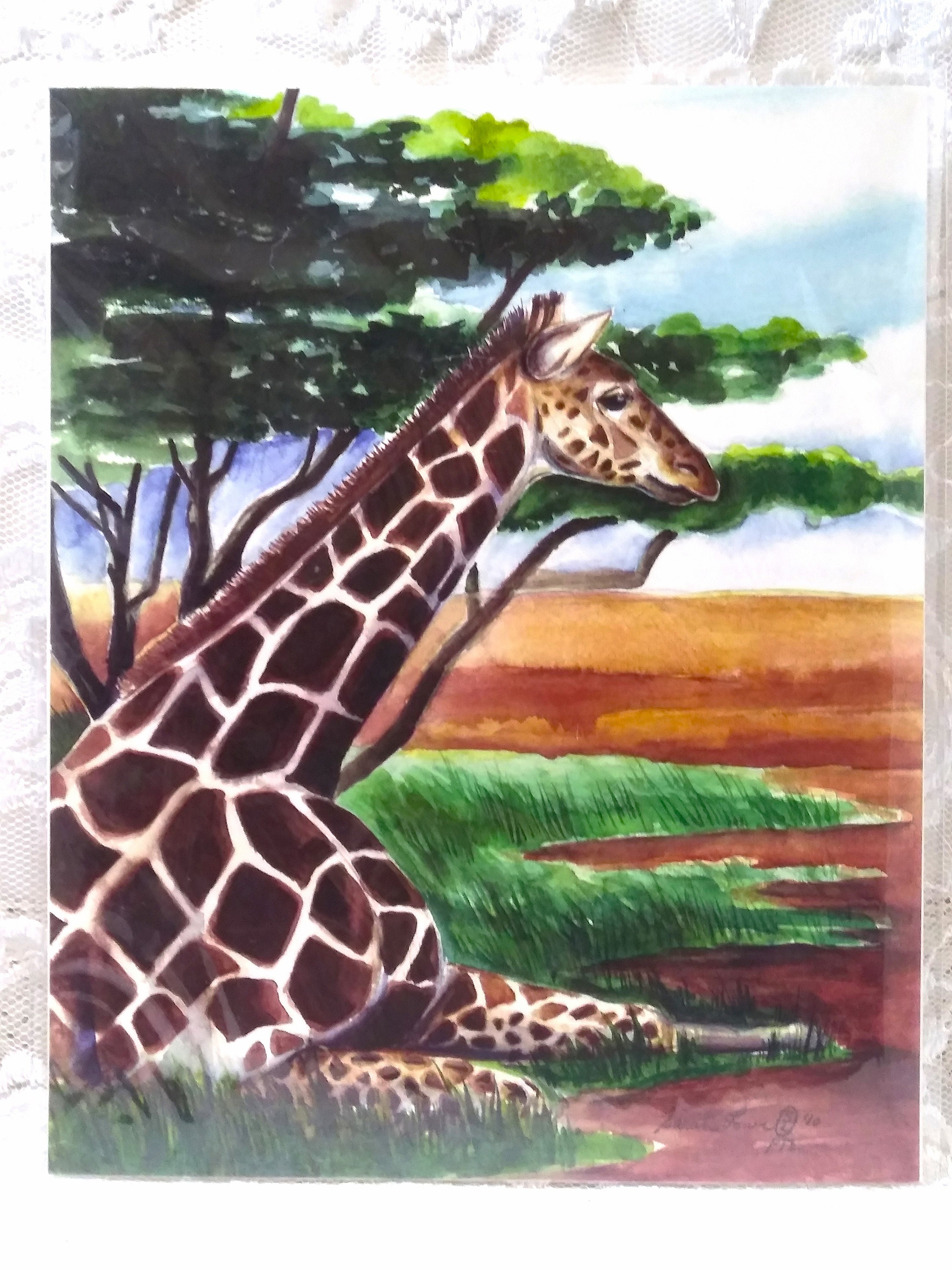 Sarah Lowe Giraffe Art Print ~ Signed Dated ~ Bagged and Boarded ~ 8"w ...