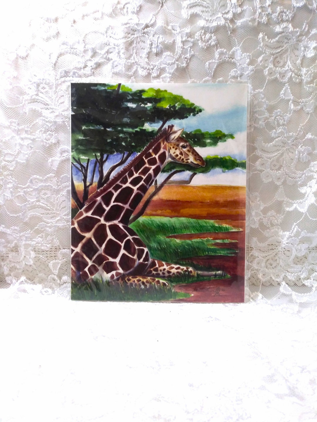 Sarah Lowe Giraffe Art Print ~ Signed Dated ~ Bagged and Boarded ~ 8"w ...