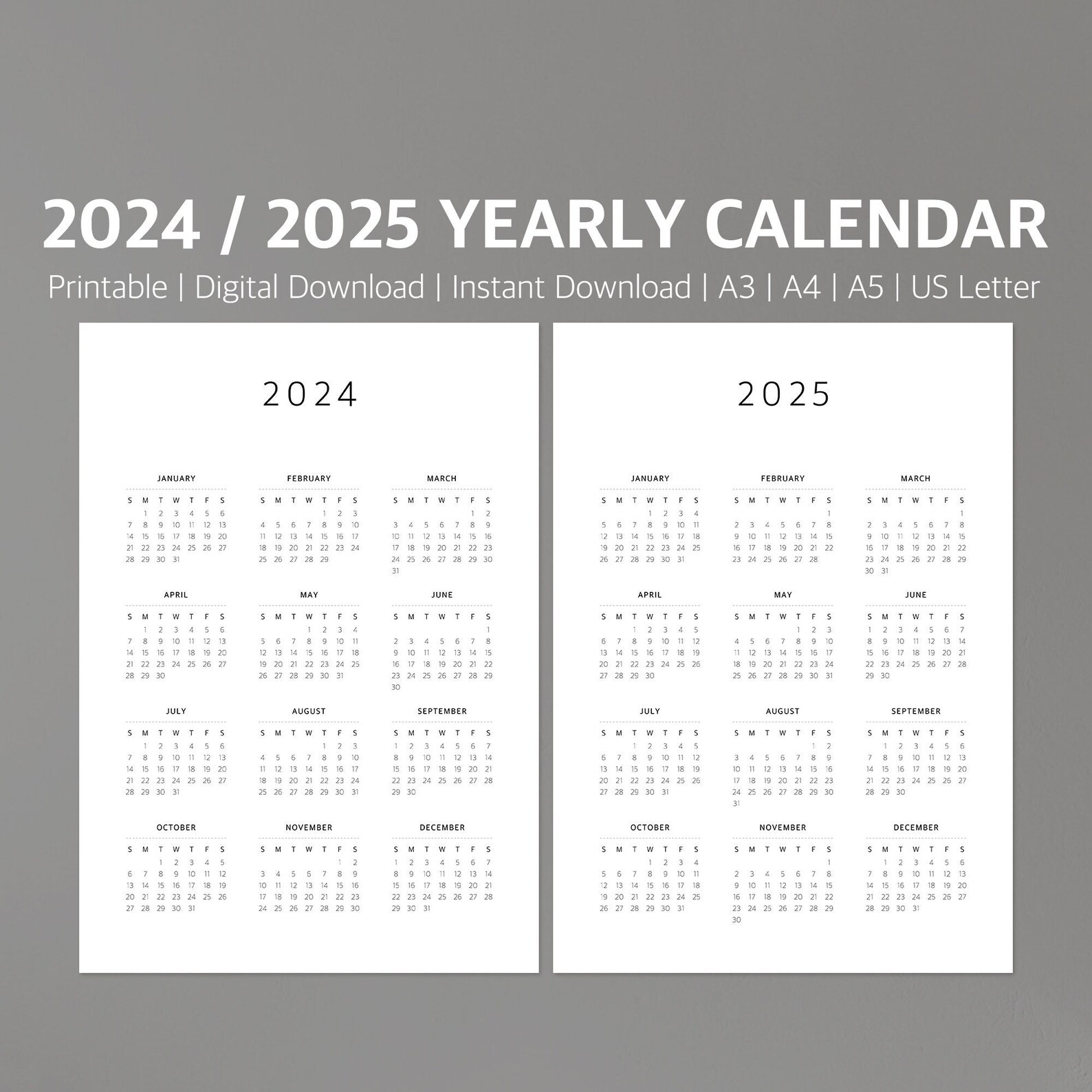 2024-2025 Calendar Printable, Yearly Calendar, Modern Calendar, Simple ...