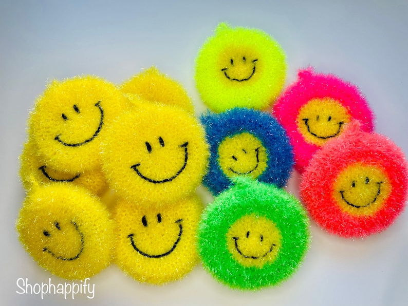 Neon Smiling Face Scrubbies | Crochet Dish Scrubbies | Scrubber ...