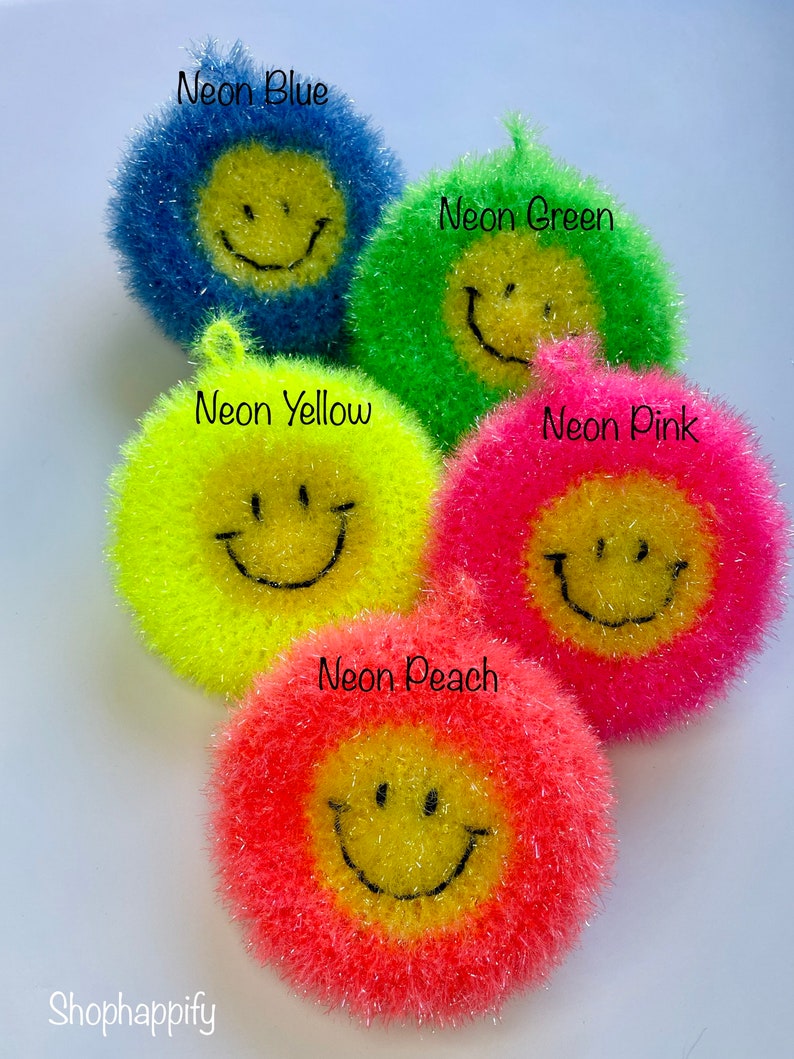 Neon Smiling Face Scrubbies | Crochet Dish Scrubbies | Scrubber ...