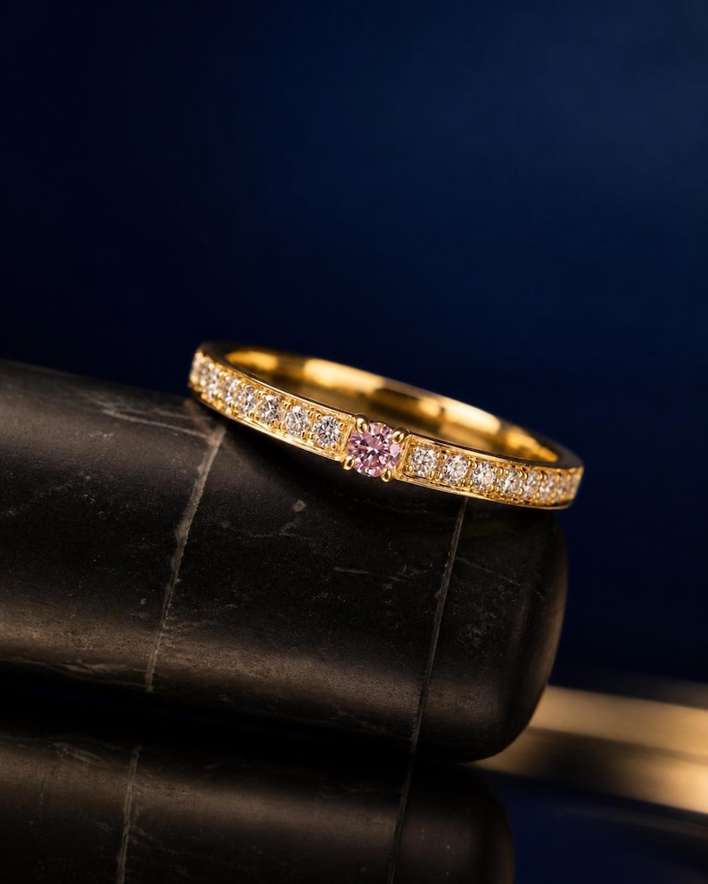 Dainty Pink Stone Ring, Minimalist Gold Band, Tiny Pavé Diamond ...