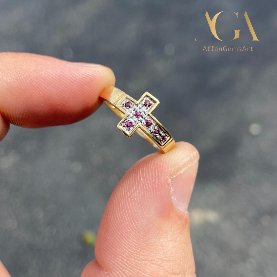Ruby Cross Ring, Gold-tone Band, Minimalist Religious Jewelry, July ...