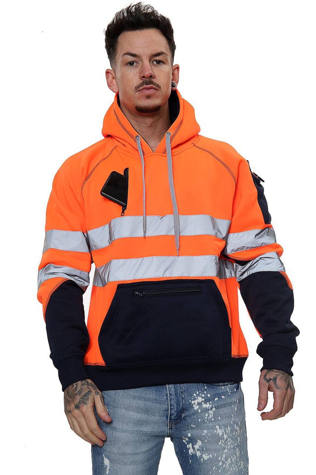 Men's Hoodie Safety Work Pullover Hoodie Hi-vis Pullover Warm Kangaroo ...