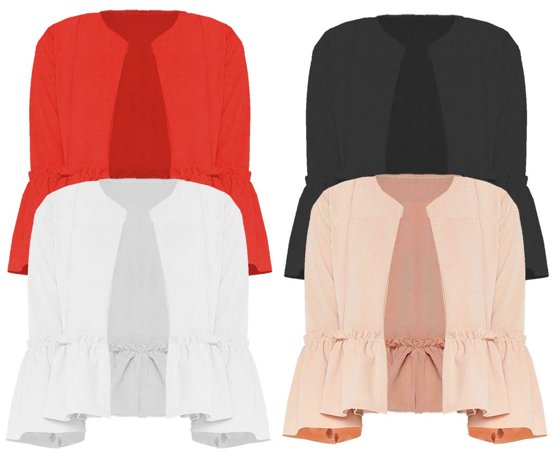 Womens Blazer Plus Crop Ruffle Frill Open Front 3/4 Sleeve Coat Peplum ...