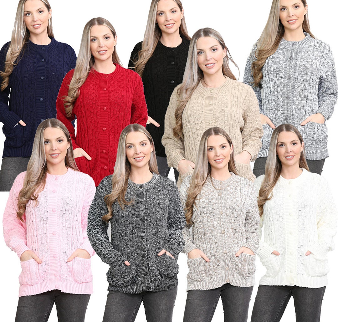 Ladies Cable Knit Cardigan Knitted Pocket Front Button up Crew Neck ...