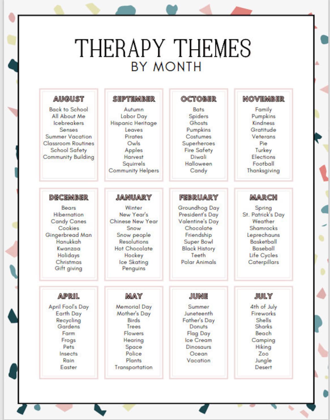 Therapy Themes by Month Printable Perfect for the Therapy Office Door ...