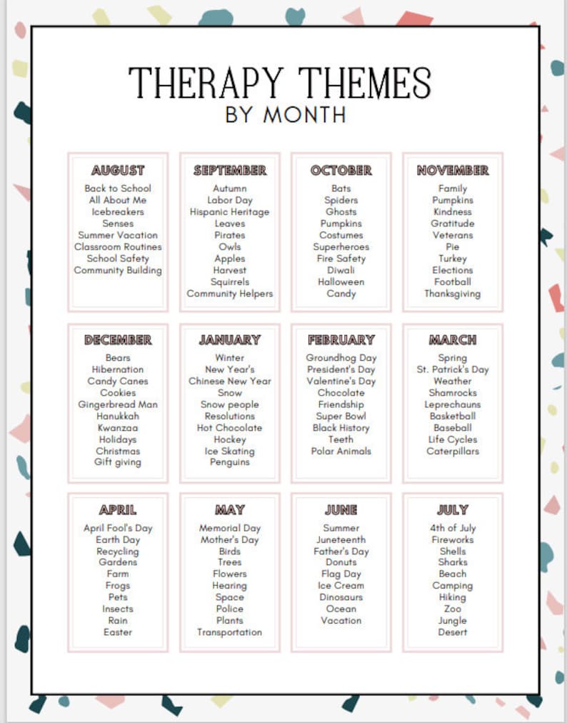 Therapy Themes by Month Printable Perfect for the Therapy Office Door ...