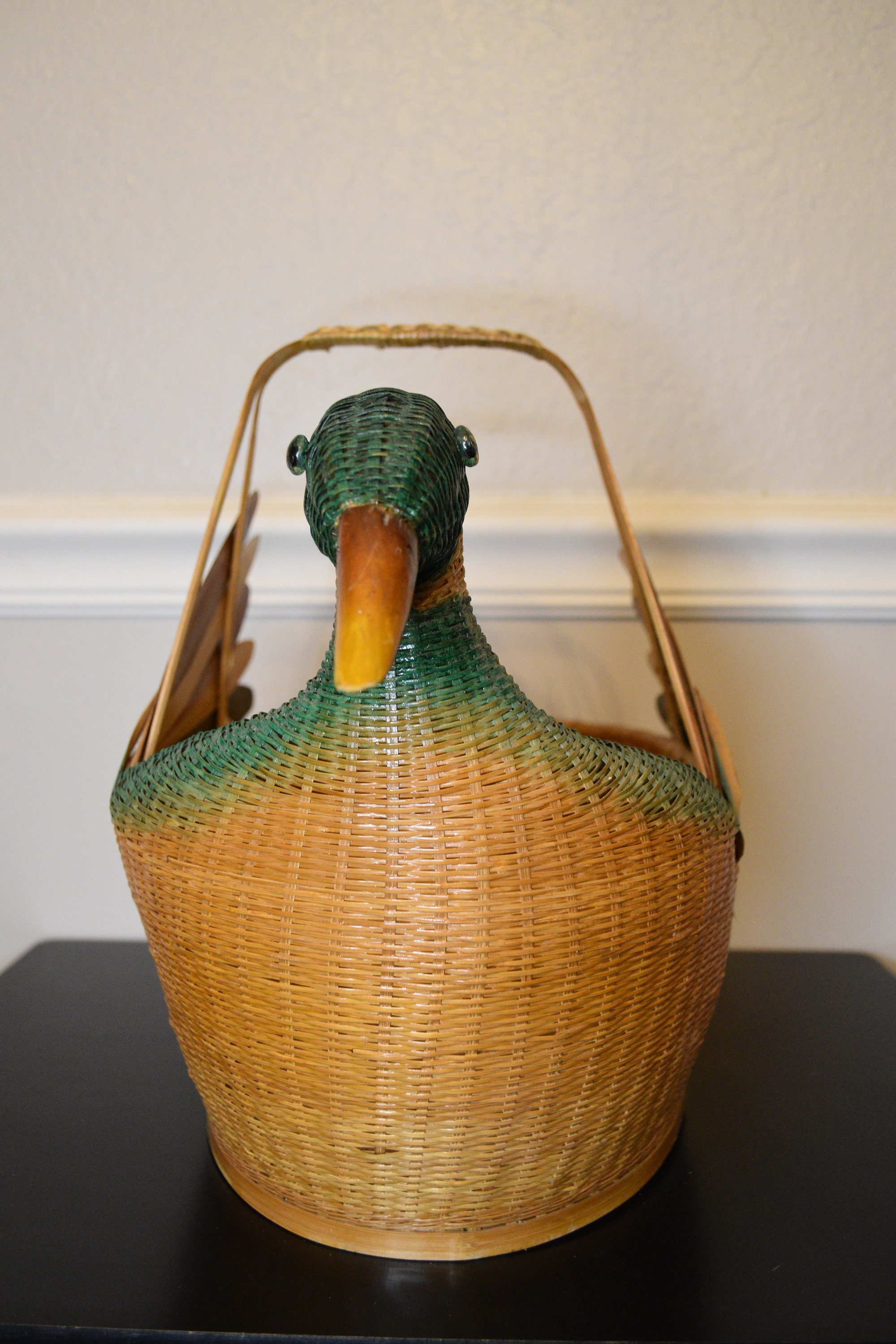 Vintage Large Zhejiang Wicker Rattan Duck Mallard Goose Green Handled Basket - Etsy