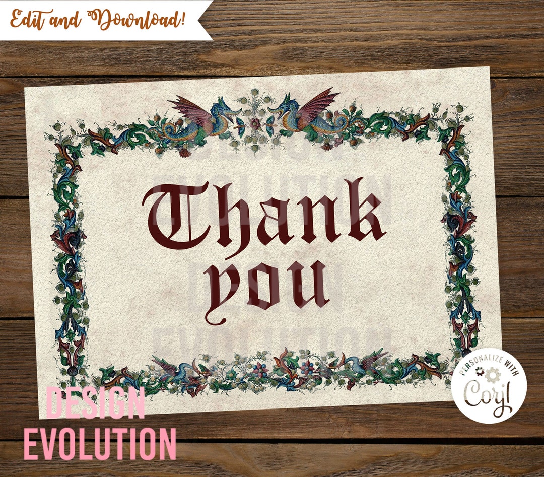 Medieval Dragon Thank You Card: Renaissance Knight (digital Download ...