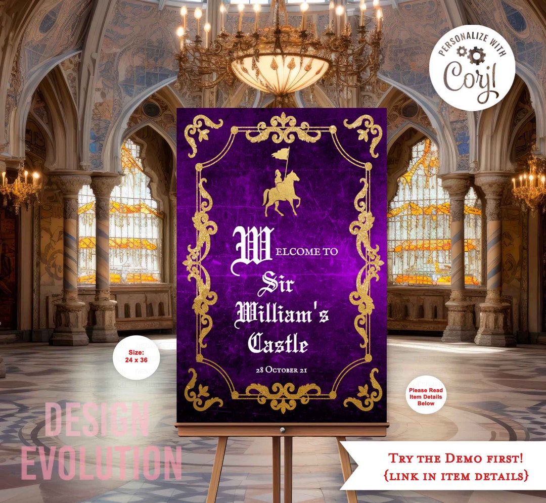 Medieval Knight Welcome Sign Poster: Purple and Gold Renfaire (digital ...