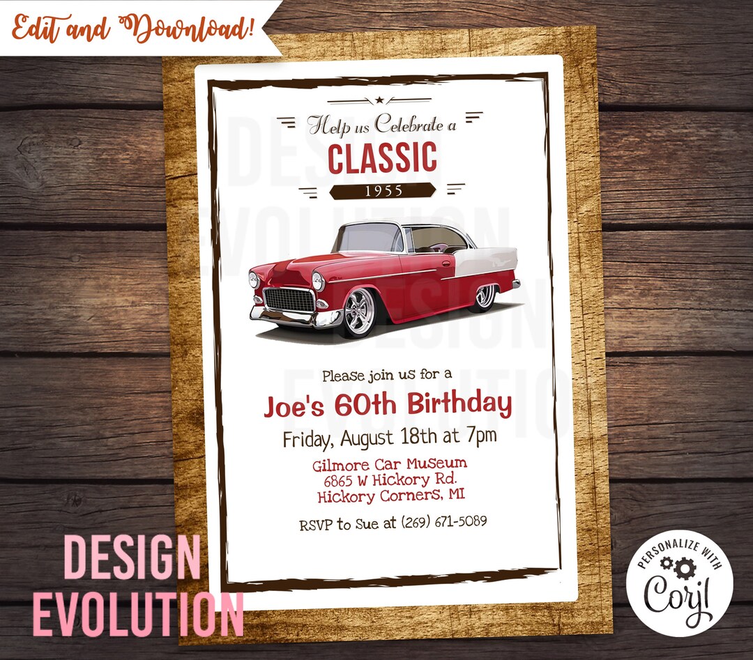 Classic 1955 Chevy Birthday Invitation: Retro Car Party (digital ...