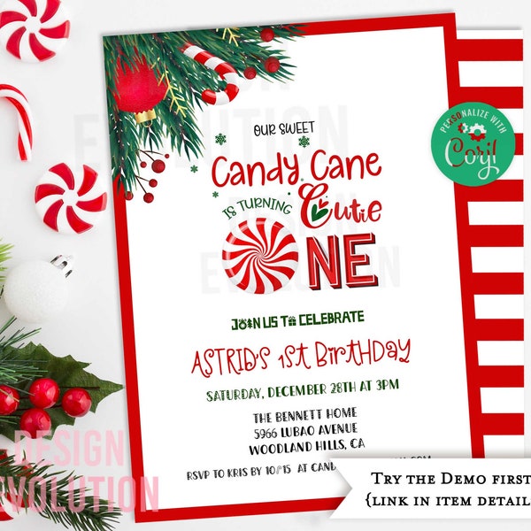 Candy Cane Birthday Invitations - Etsy