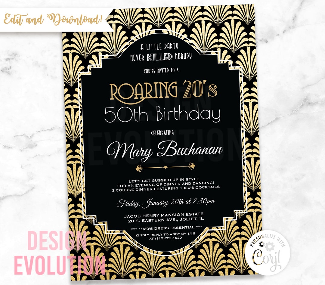 Art Deco 1920s Birthday Invitation: Roaring 20s, Black & Gold (digital ...