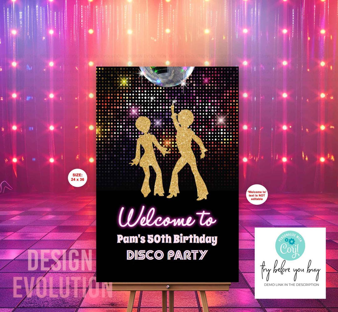 Retro Disco Birthday Welcome Sign: 1970s Theme (24x36 Digital Download ...