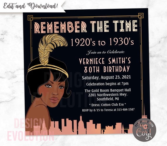 1920s Flapper Girl Invitation 1920 Birthday Invite Art Deco Roaring