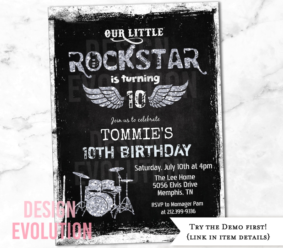 Rockstar Birthday Invitation: Silver Glitter, Chalkboard Design ...