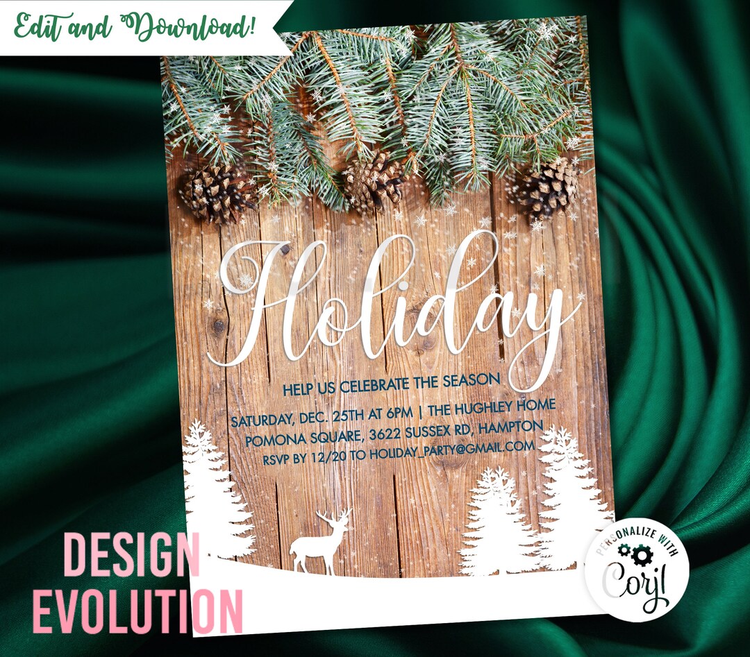 Rustic Holiday Party Invitation: Winter Pine, Snowflakes (digital ...