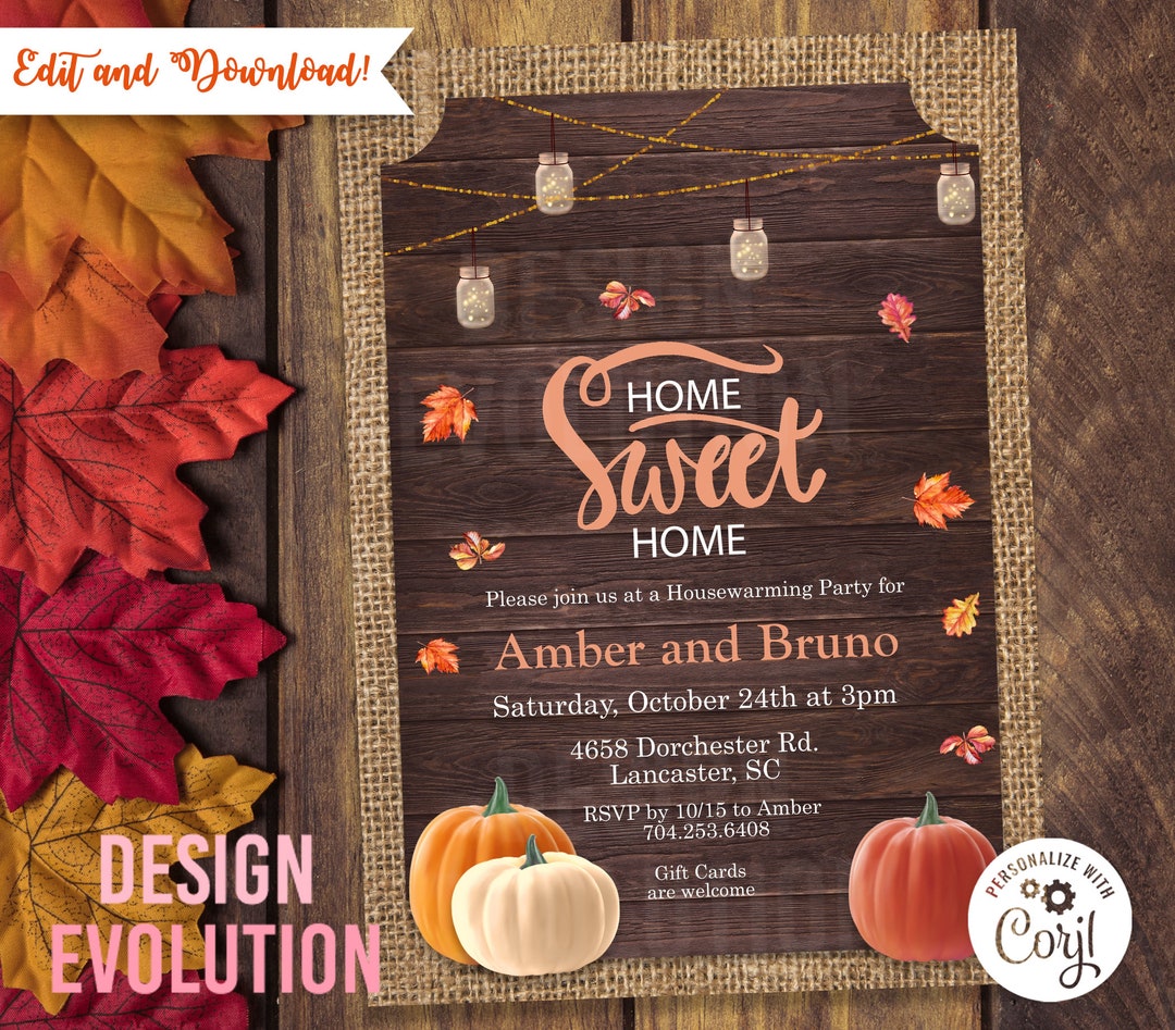 Rustic Fall Housewarming Invitation: Pumpkins, Mason Jars (digital ...