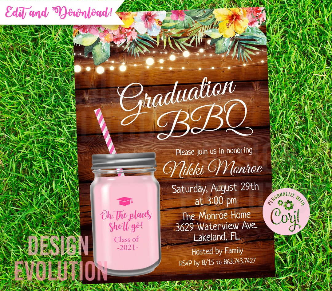 TRY DEMO FIRST - Graduation Bbq Cookout Pink Mason Jar Floral String ...
