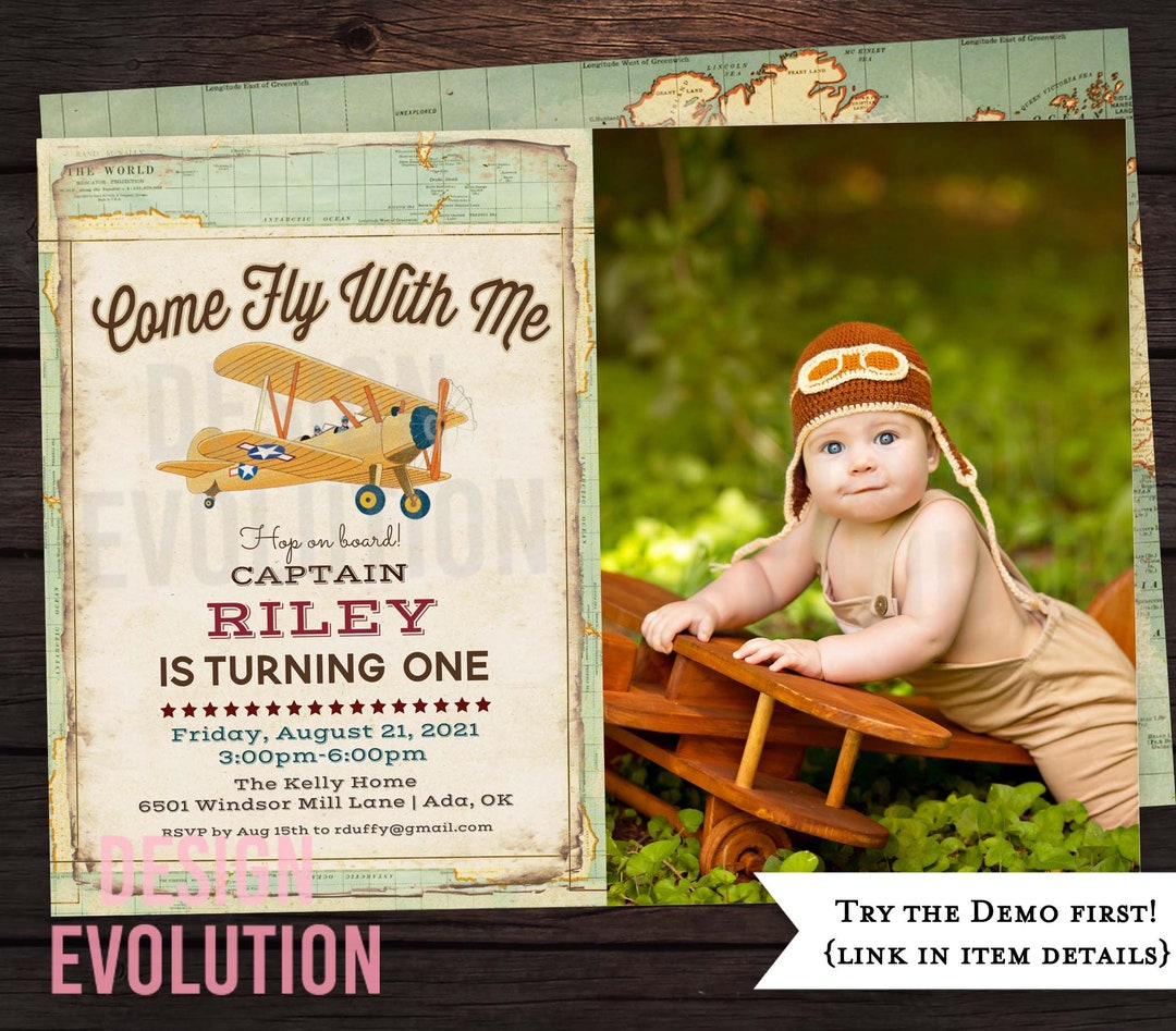 Vintage Airplane Birthday Invitation: Pilot Aviator Theme (digital ...