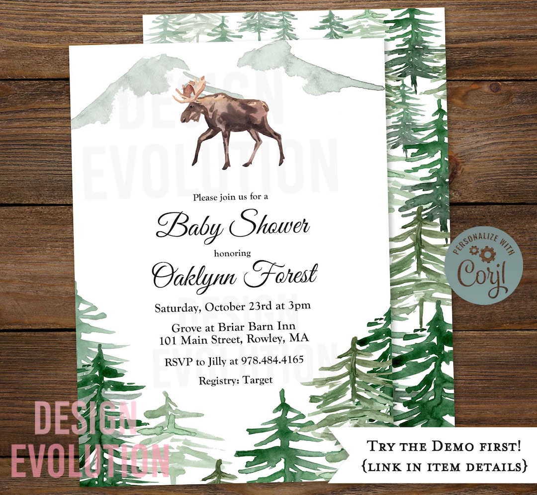 Moose Baby Shower Invitation: Watercolor Forest, Rustic Woodland ...