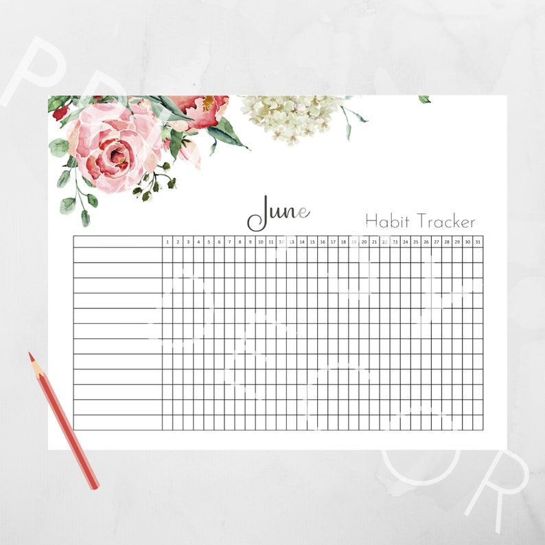 Monthly Habit Tracker Printable, Beautiful Floral Design Monthly Habit ...