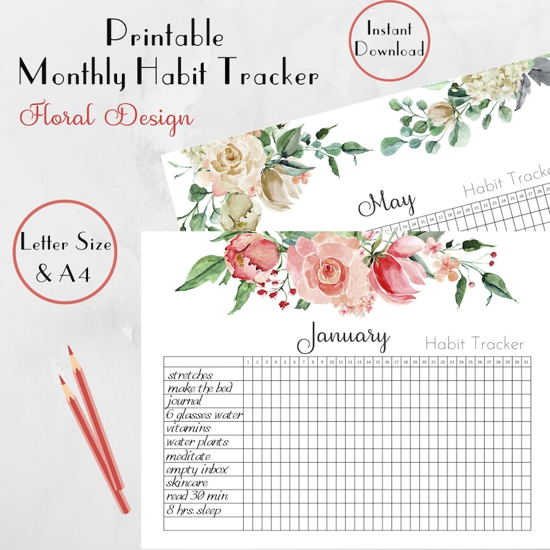 Monthly Habit Tracker Printable, Beautiful Floral Design Monthly Habit ...