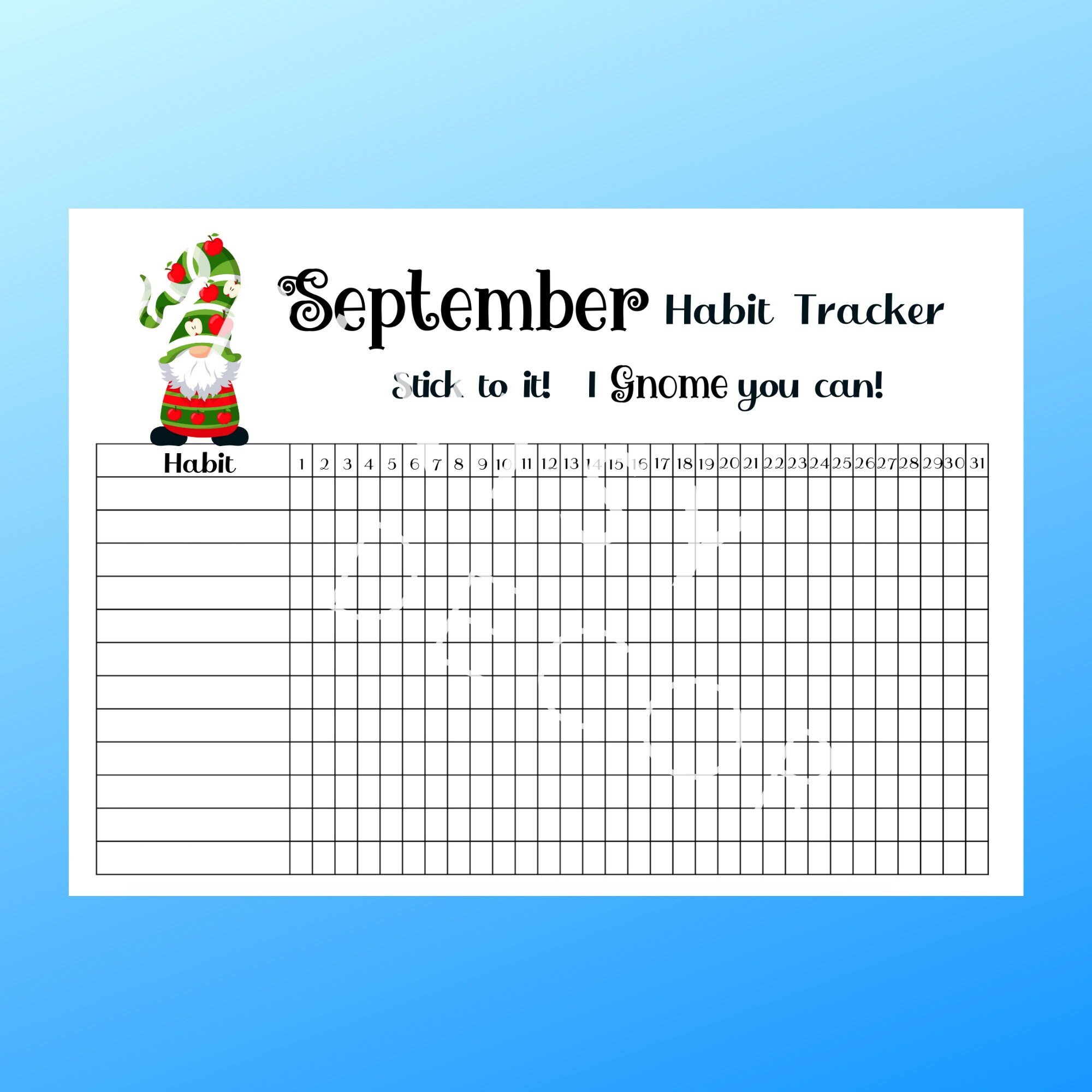 Gnome Monthly Habit Tracker Printables, Monthly Goal Log Calendar and ...
