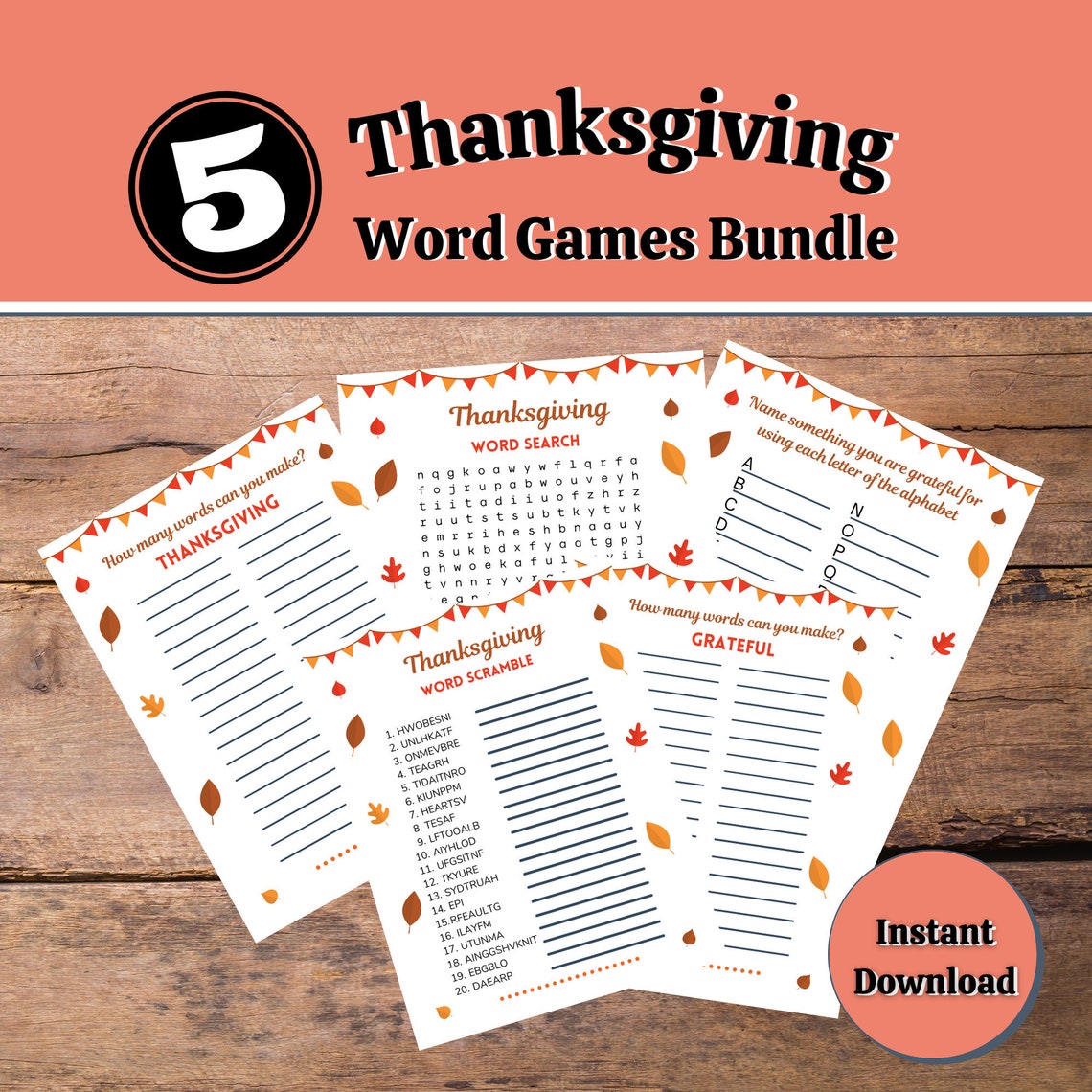 Thanksgiving Word Games Bundle, 5 Fun Printable Word Games to Play With ...