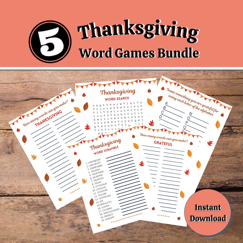 Thanksgiving Word Games Bundle, 5 Fun Printable Word Games to Play With ...