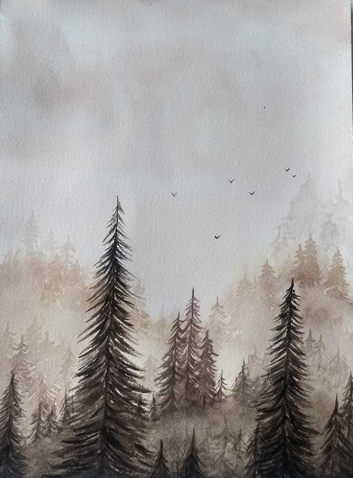 Fir Forest in the Fog Watercolor Painting Print - Etsy Sweden