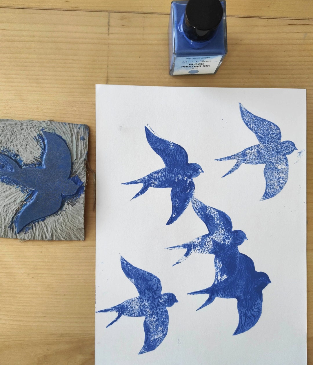 Linocut Blue Birds - Etsy