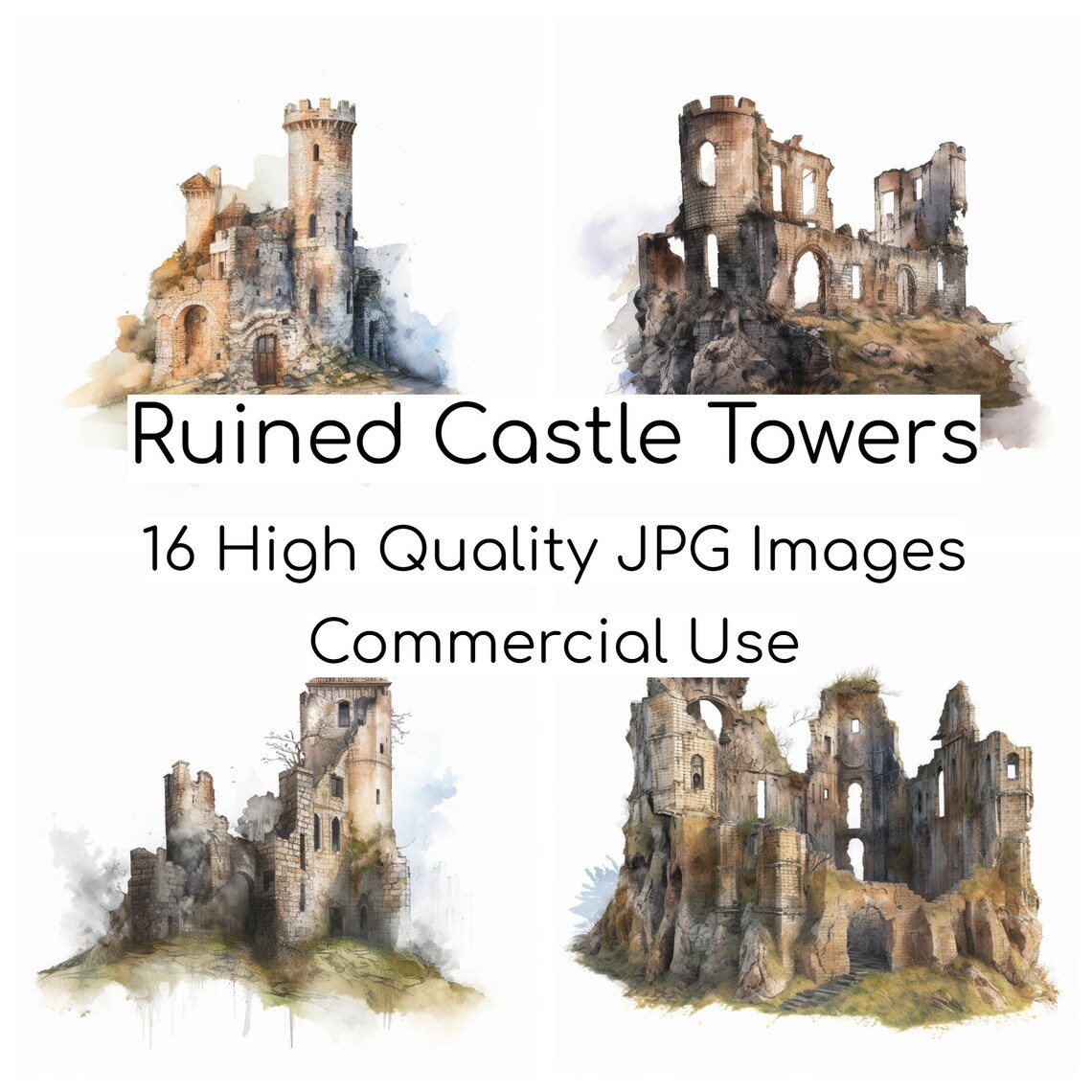 Medieval Ruined Castle Clipart Towers 16 High Quality Jpgs - Digital ...