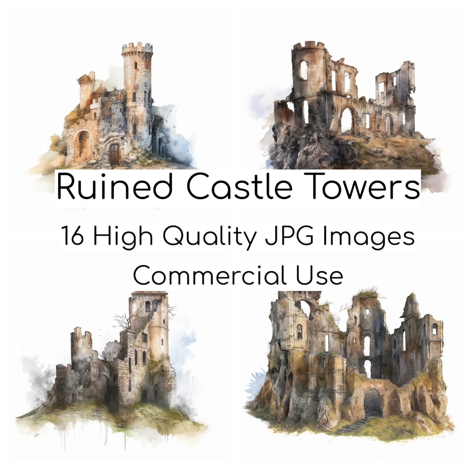 Medieval Ruined Castle Clipart Towers 16 High Quality Jpgs - Digital ...