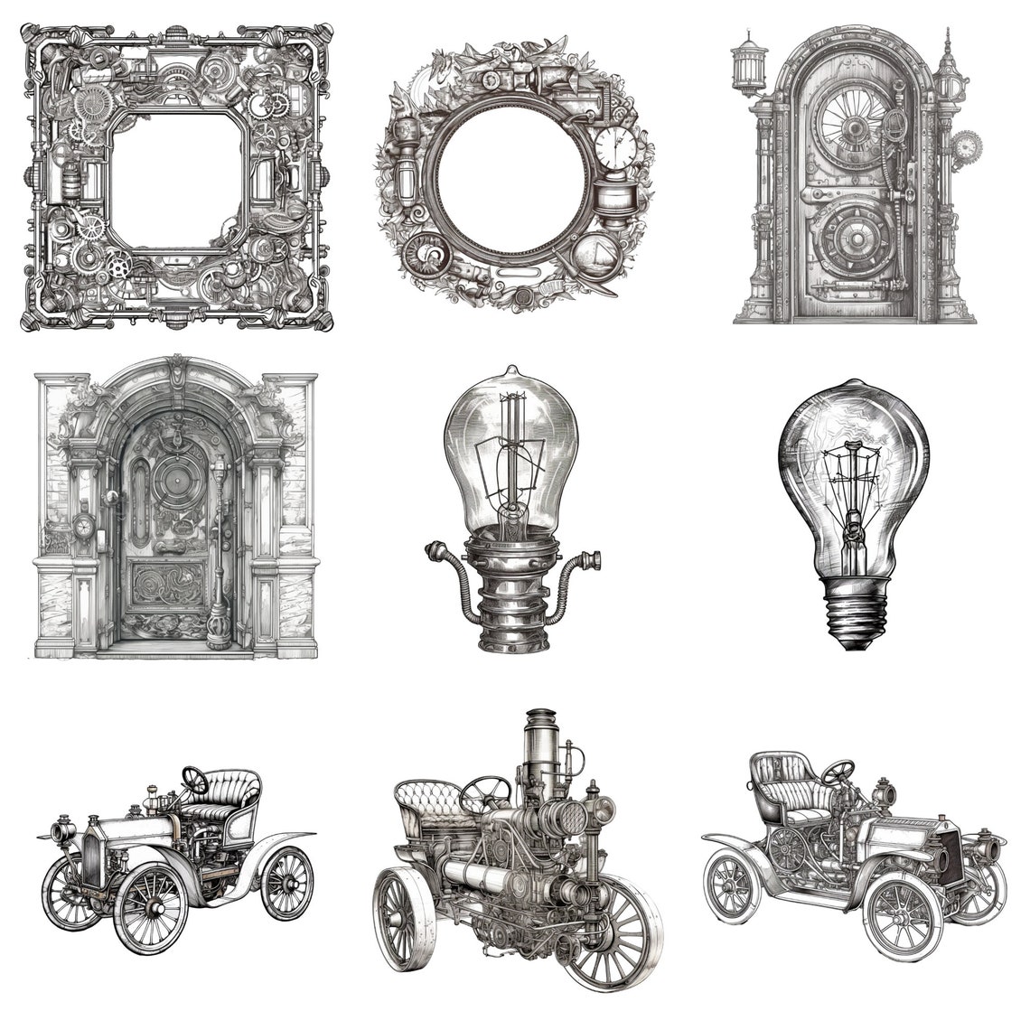 Steampunk Line Art Greyscale Monochrome Clipart, Vintage Victorian ...